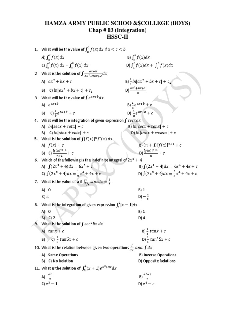 Chapter 3 Integration Mcqs | PDF | Equations | Algebra