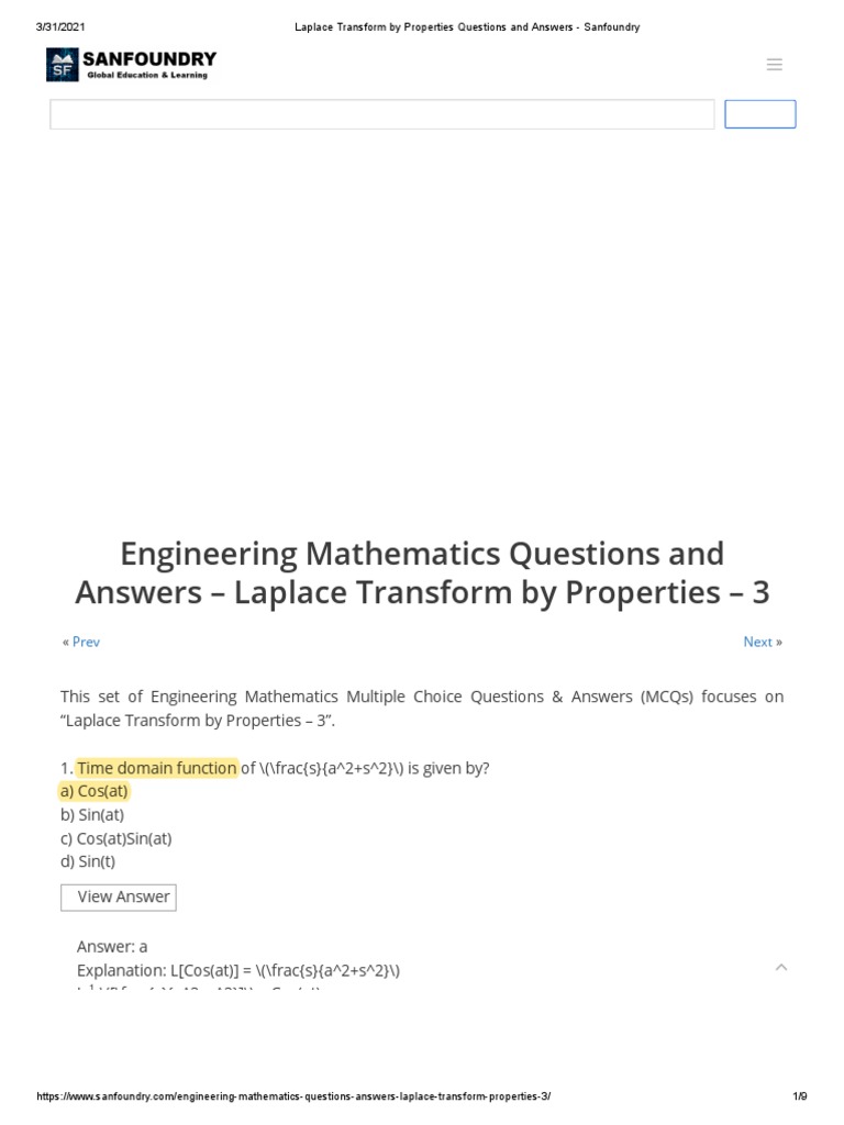 Laplace Transform by Properties Questions and Answers - Sanfoundry ...