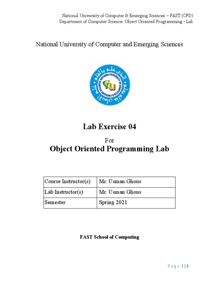 Lab Exercise 04 Object Oriented Programming Lab: National University of ...