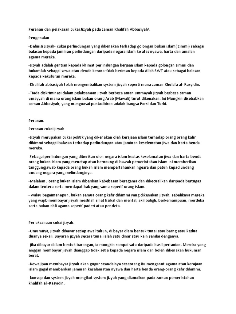 Peranan Dan Pelaksanaan Cukai Jizyah Pada Zaman Khalifah Abbasiyah | PDF