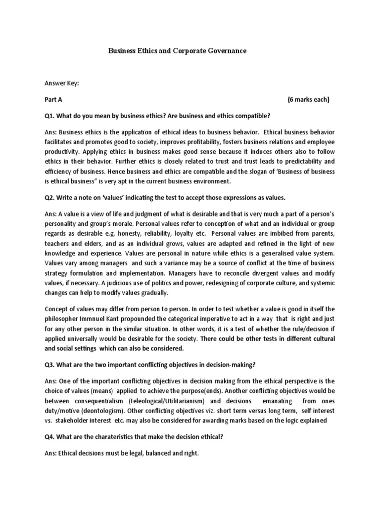 Answer Key For Business Ethics and Corporate Governance | PDF ...