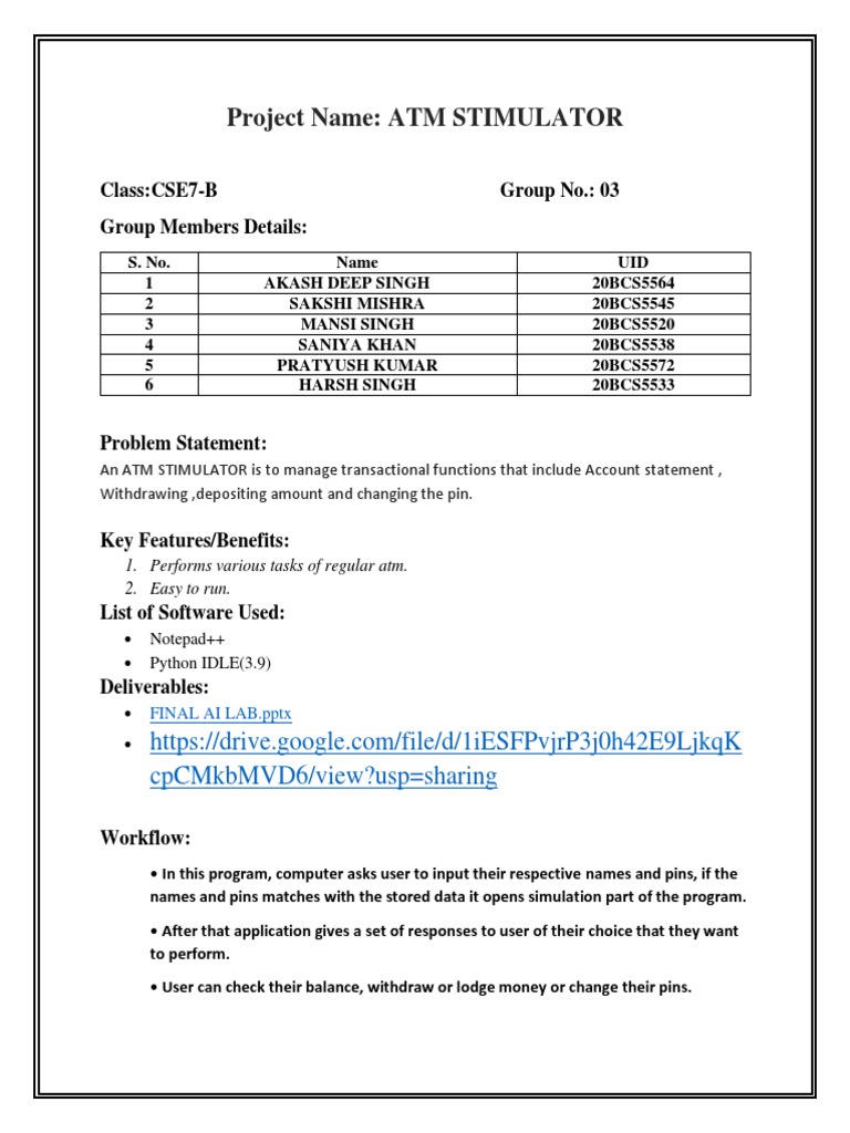 Project Name: Atm Stimulator: Cpcmkbmvd6/View?Usp Sharing | PDF