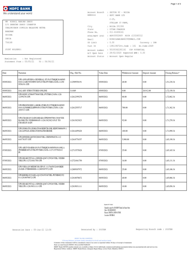 Digitally Signed by DS HDFC Bank LTD Smart STMT Date: 20210609085853 ...
