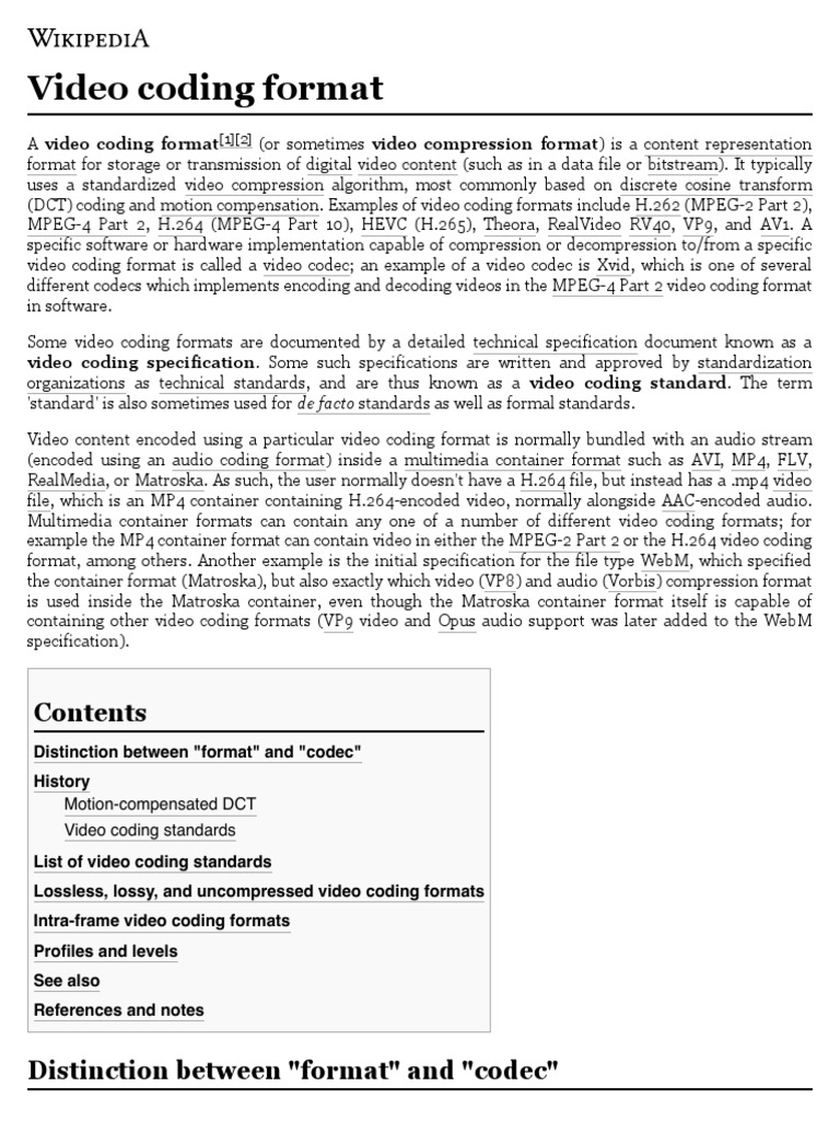 Video Coding Format Wikipedia Pdf Data Compression Codec