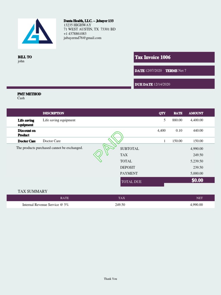 Tax Invoice 1006: Danta Health, LLC. - Jobayer 133 | PDF