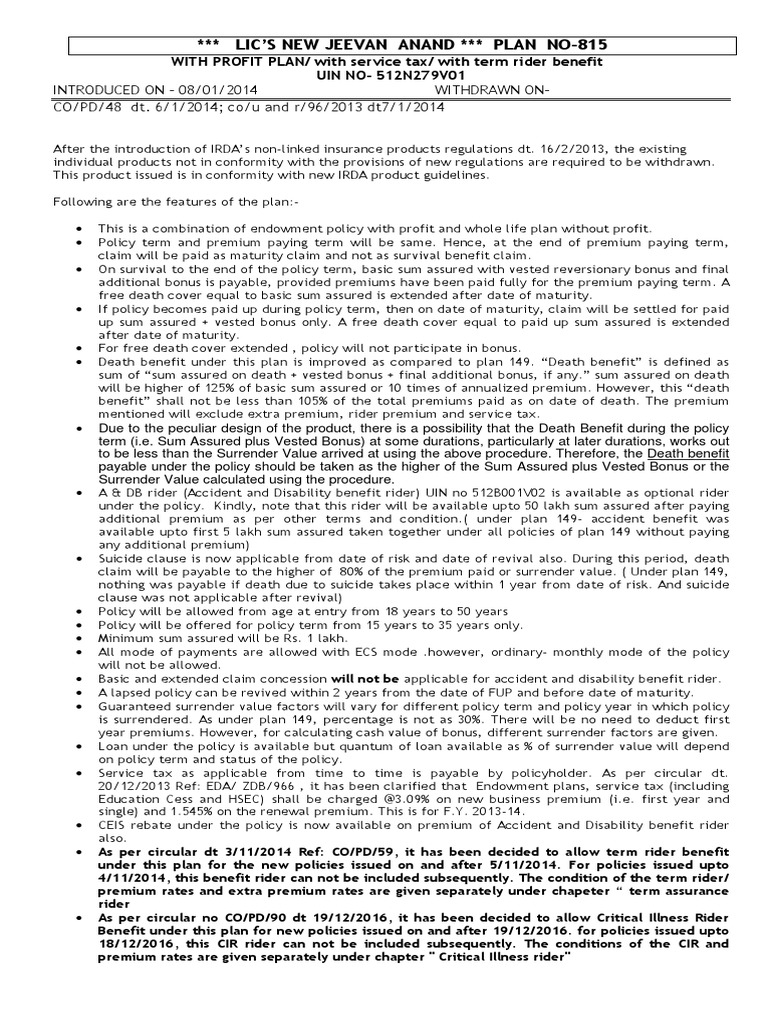 Plan 815 - LICs New JEEVAN ANAND | PDF | Insurance | Loans