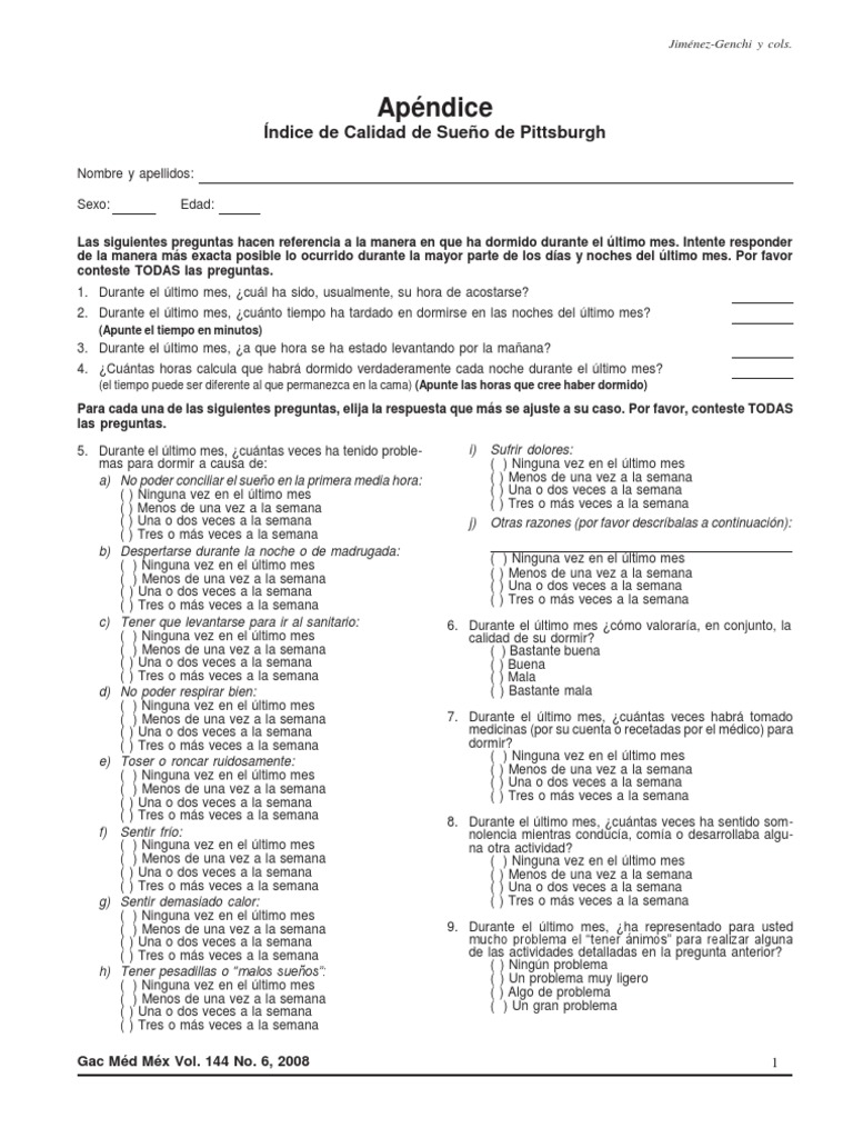 Índice de Calidad de Sueño de Pittsburgh | PDF | Bienestar | Medicina Índice de Calidad de Sueño de Pittsburgh | PDF | Bienestar | Medicina