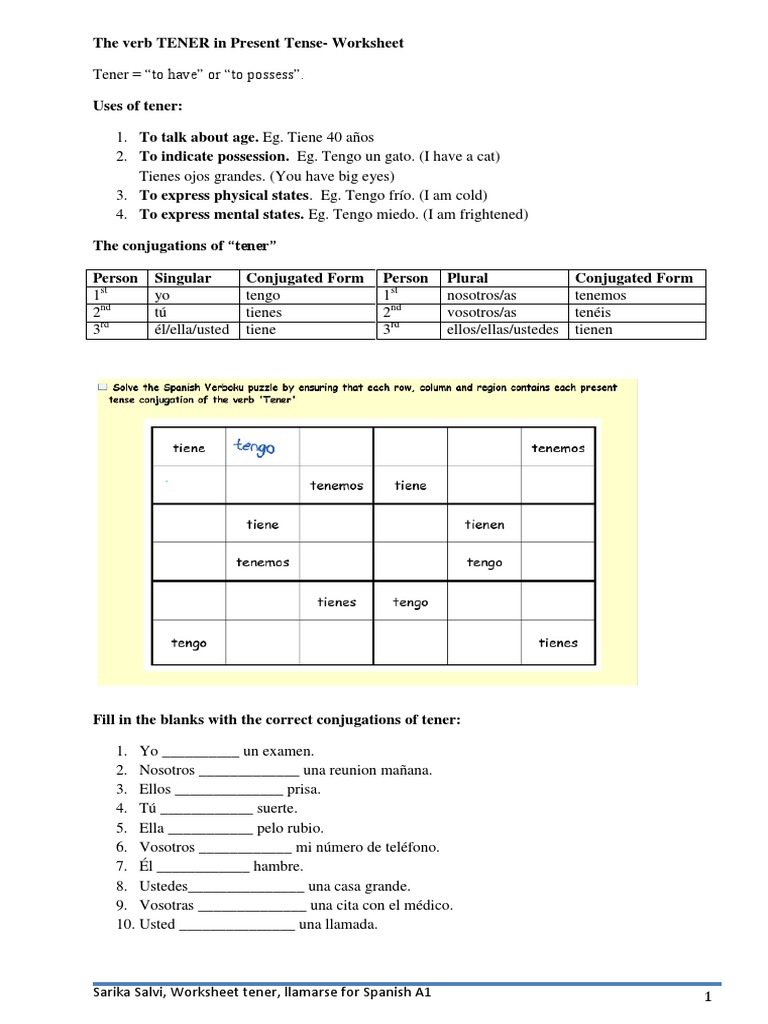 Tener Llamarse Worksheet | PDF | Grammatical Conjugation | Grammatical ...