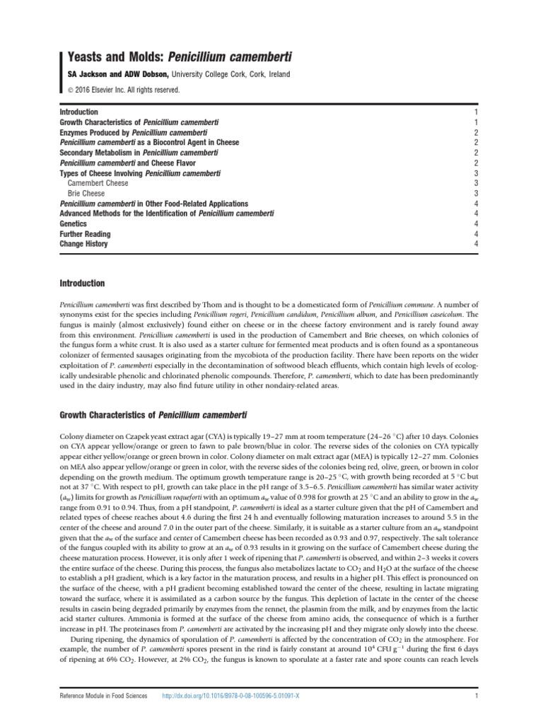 Yeasts and Molds: Penicillium Camemberti: SA Jackson and ADW Dobson ...