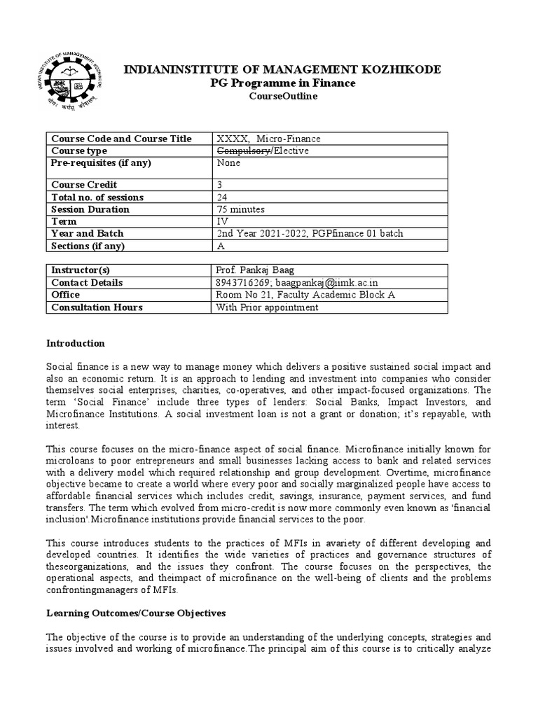 Course Outline Microfinance PGPfinance 01 Term 4 Pankajbaag | Download ...