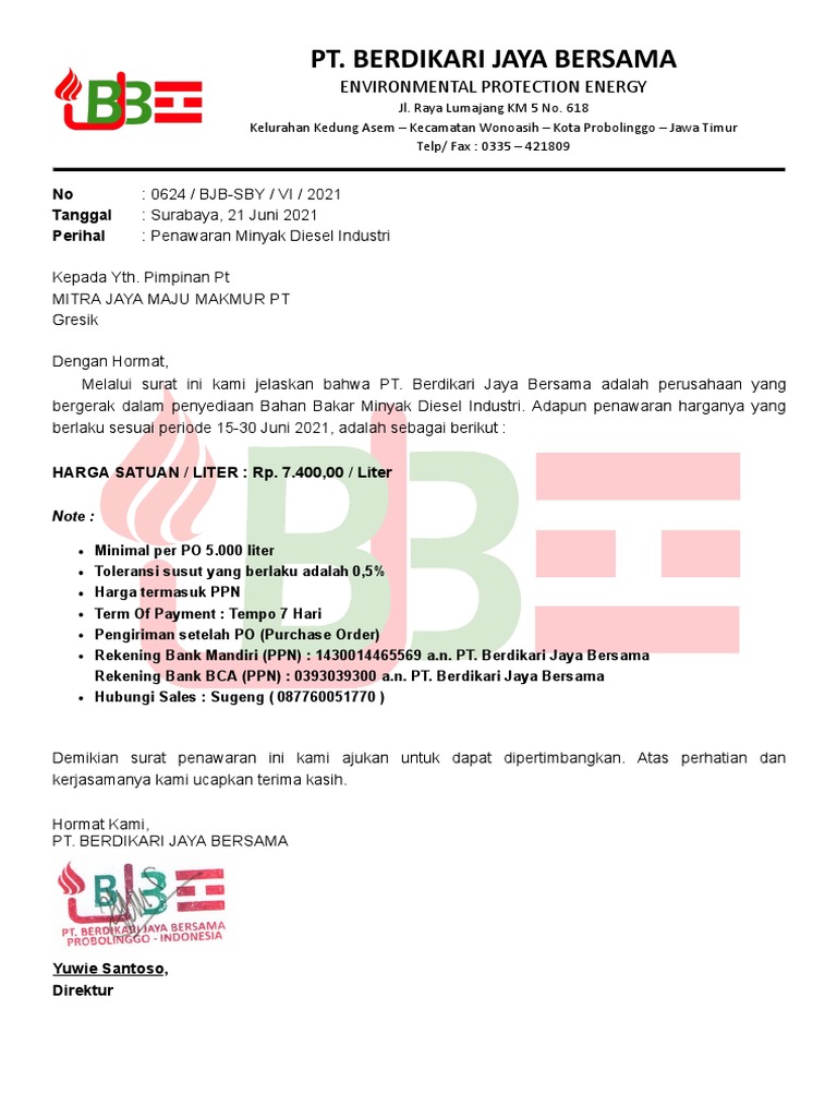 Surat Penawaran PT Berdikari Jaya Bersama | PDF