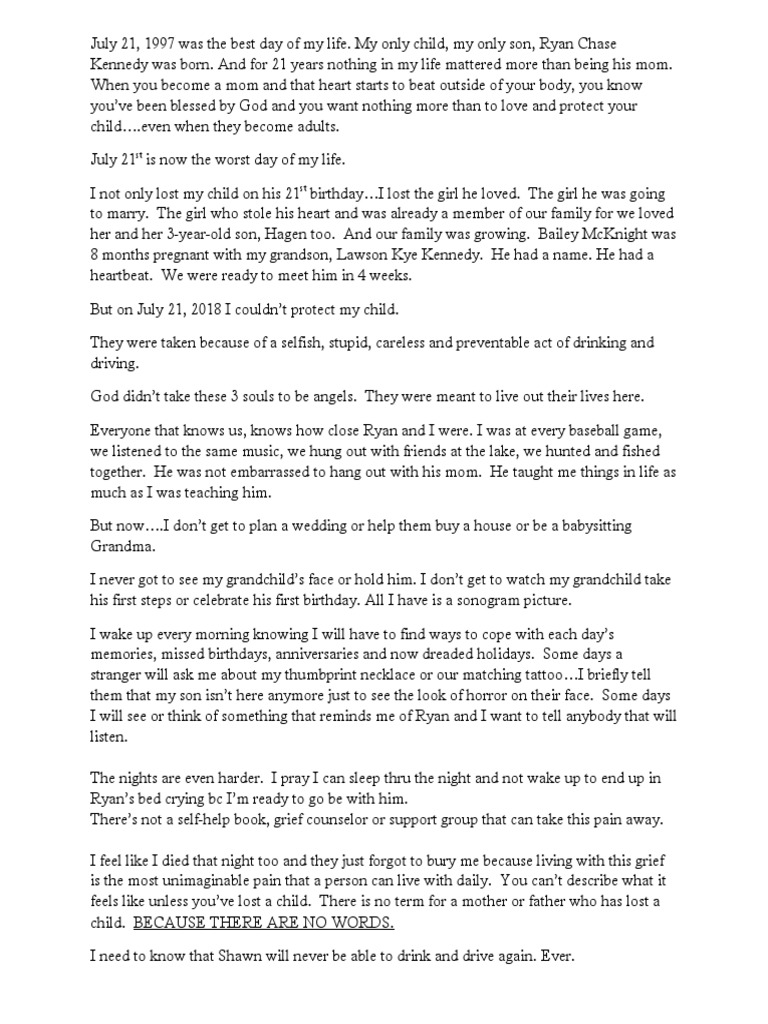 Victim Impact Statement From Mother of Ryan Kennedy | PDF | Wellness