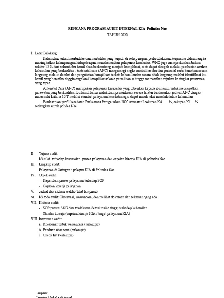 Rencana Audit Internal KIA Polindes Nae 2020 | PDF