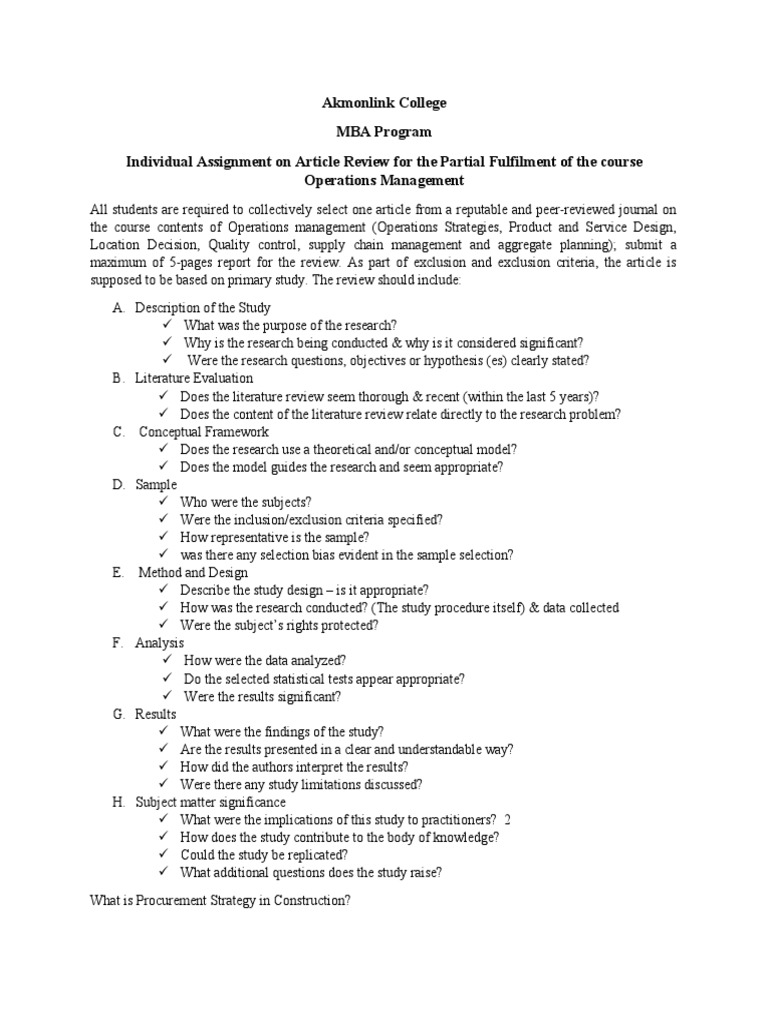 Akmonlink College MBA Program Individual Assignment On Article Review ...