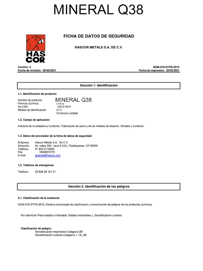 Hoja de datos de seguridad para carburo de cromo de Hascor Metals S.A. de C.V. | PDF | Cromo | Polvo