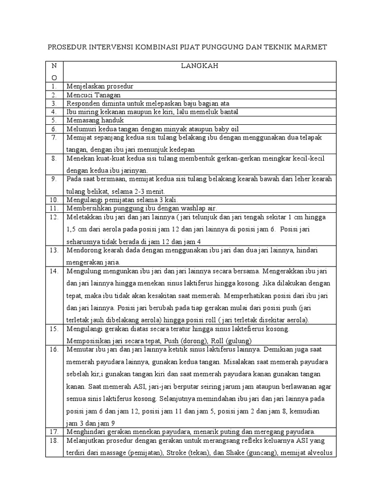 Lampiran SOP Pijat Punggung Dan Teknik Marmet | PDF