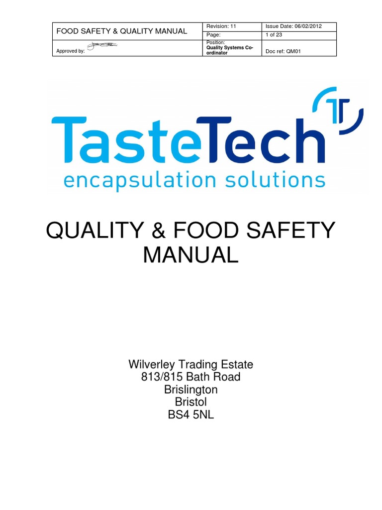 Quality & Food Safety Manual: Wilverley Trading Estate 813/815 Bath ...