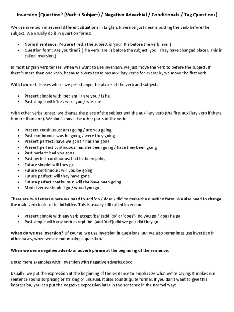 Inversion (Question? (Verb + Subject) / Negative Adverbial ...