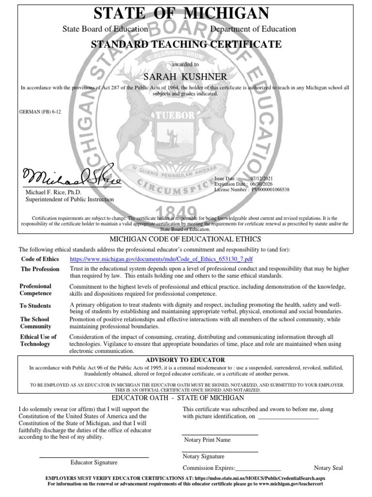 Michigan Teaching Certificate for Sarah Kushner | PDF | Notary Public ...