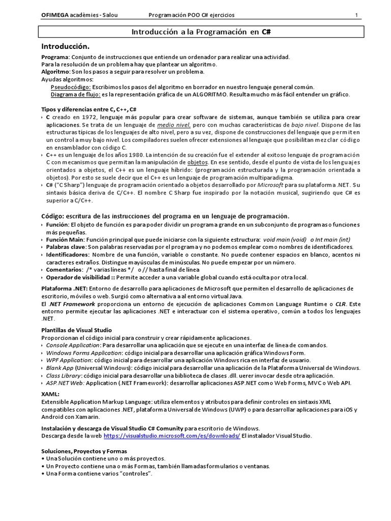 Explicacion Ejercicios Csharp2010 Pdf C Sharp Lenguaje De