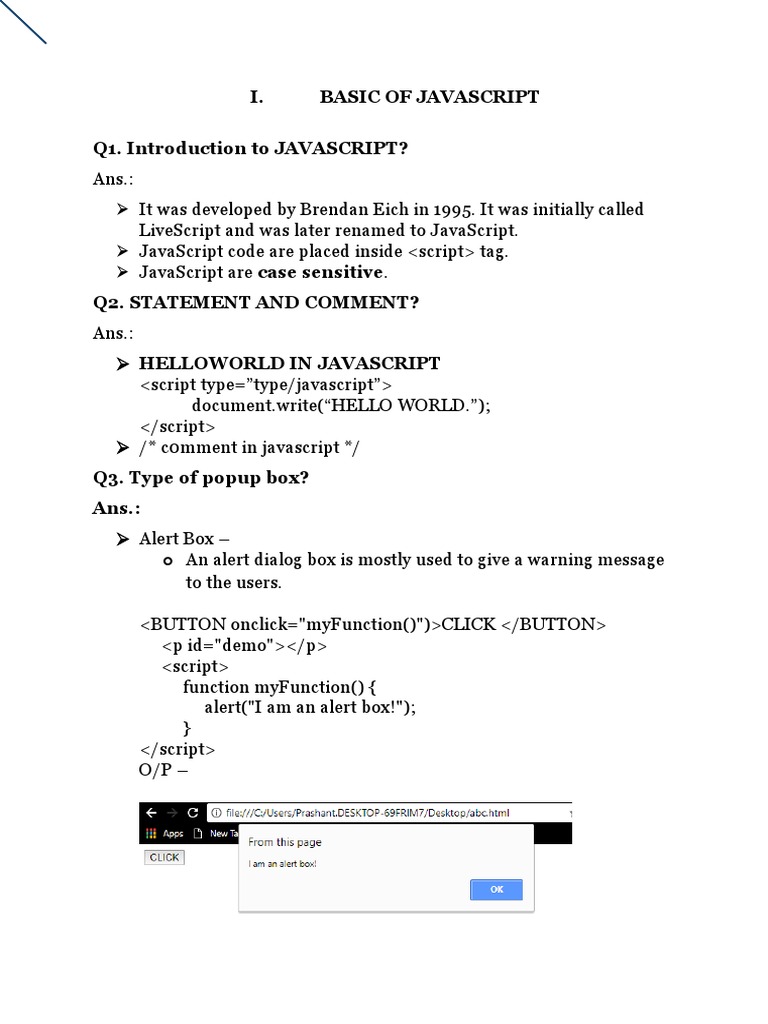 I. Basic of Javascript Q1. Introduction To JAVASCRIPT? | Download Free PDF | Document Object ...