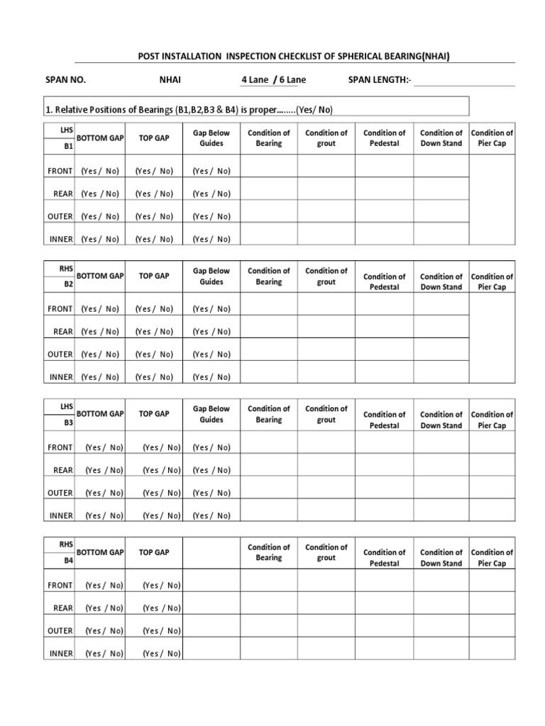NHAI Spherical Bearing Inspection Checklist | PDF