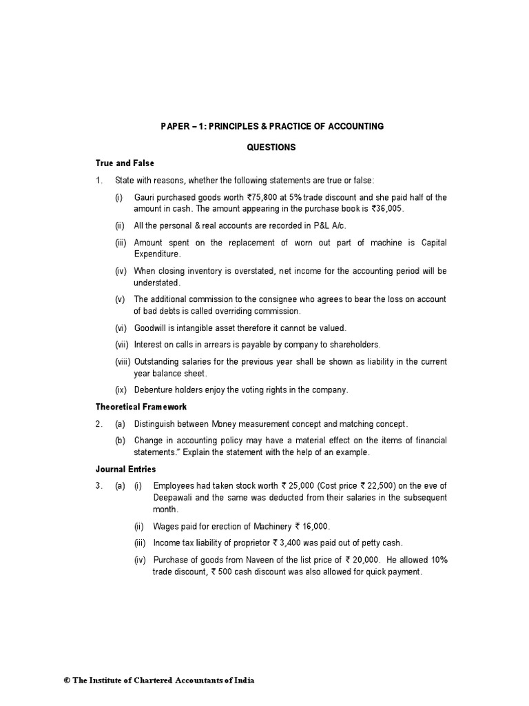 Paper - 1: Principles & Practice of Accounting Questions True and False ...