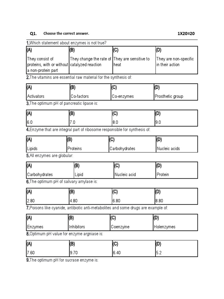 Enzyme Fundamentals: Multiple Choice and Short Answer Questions on Key ...