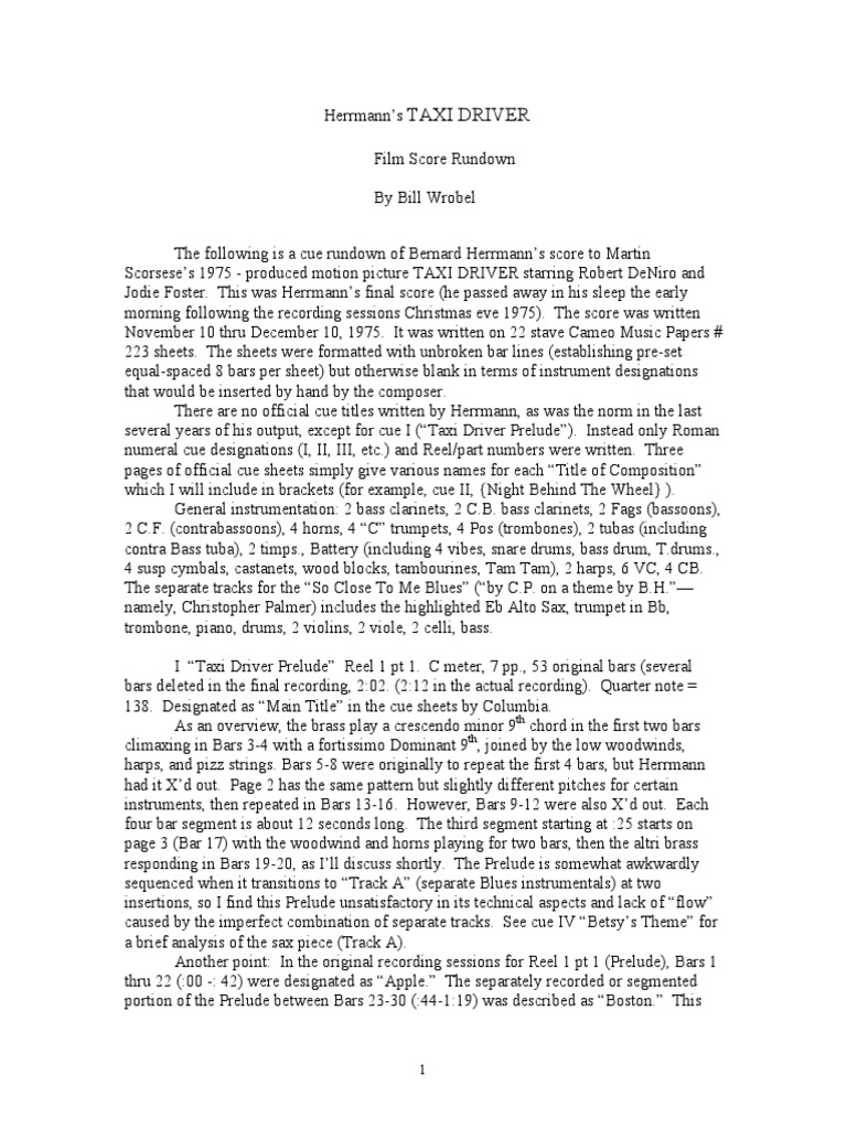 Bill Wrobel - Taxi Driver Film Score Rundown | PDF | Tuba | Chord (Music)