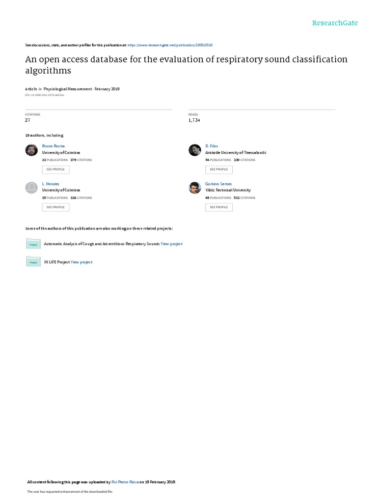An Open Access Database For The Evaluation of Respiratory Sound Classification Algorithms | PDF ...