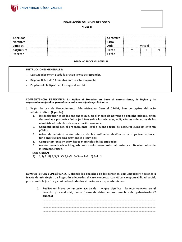 Pruebas de Nivel de Logro II | PDF | Ley procesal | Derecho penal