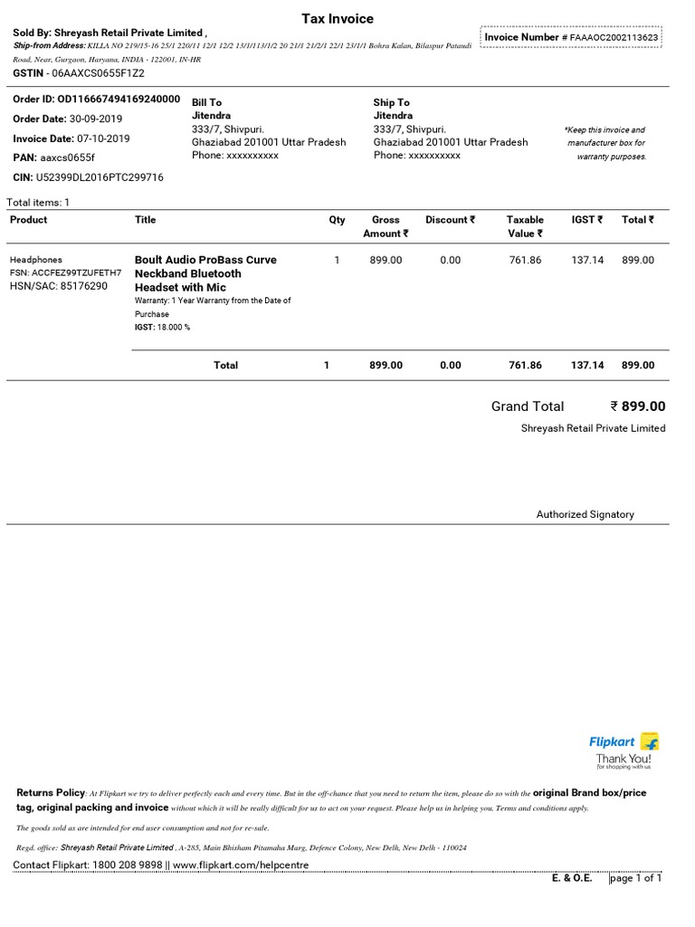Tax Invoice for Headphones with 18% IGST | PDF | Payments | Government ...
