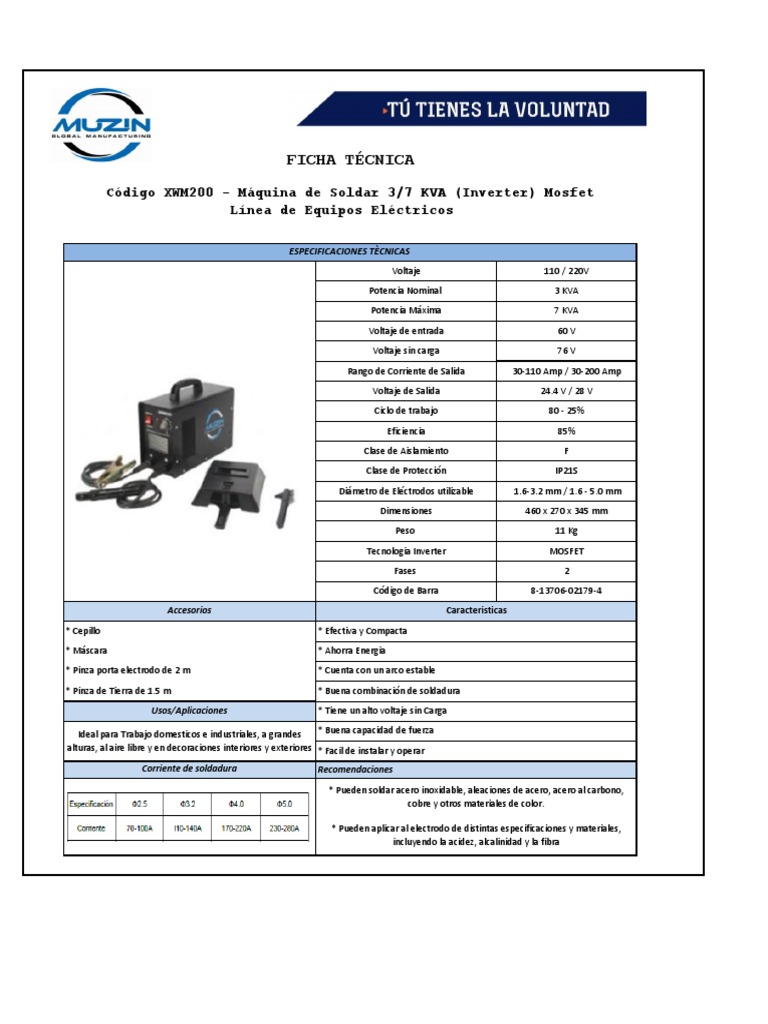Fichas Tecnicas. Maquinas de Soldar XWM200 | Descargar gratis PDF | Soldadura | Construcción