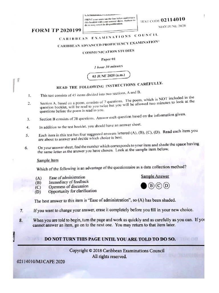 CAPE Communication Studies 2020 P1 | PDF