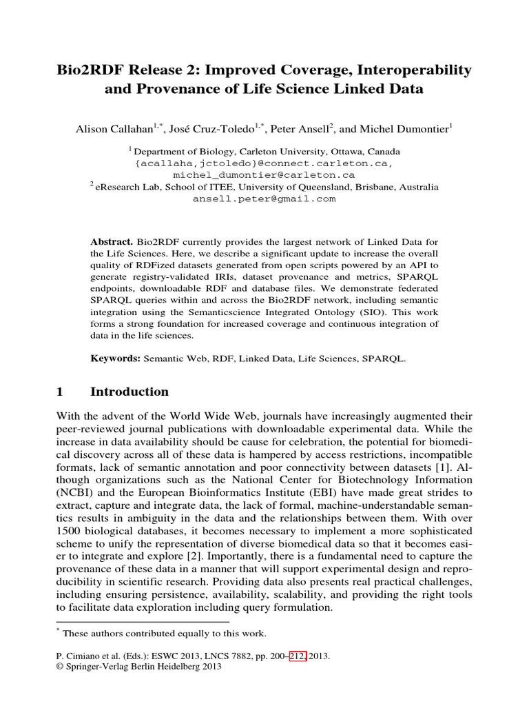 Bio2RDF Release 2: Improved Coverage, Interoperability and Provenance of Life Science Linked ...