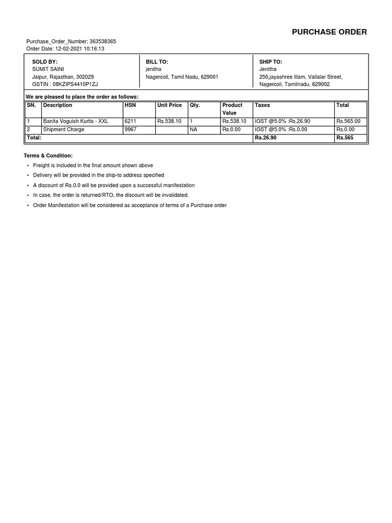 Purchase Order: Sold By: Bill To: Ship To | PDF