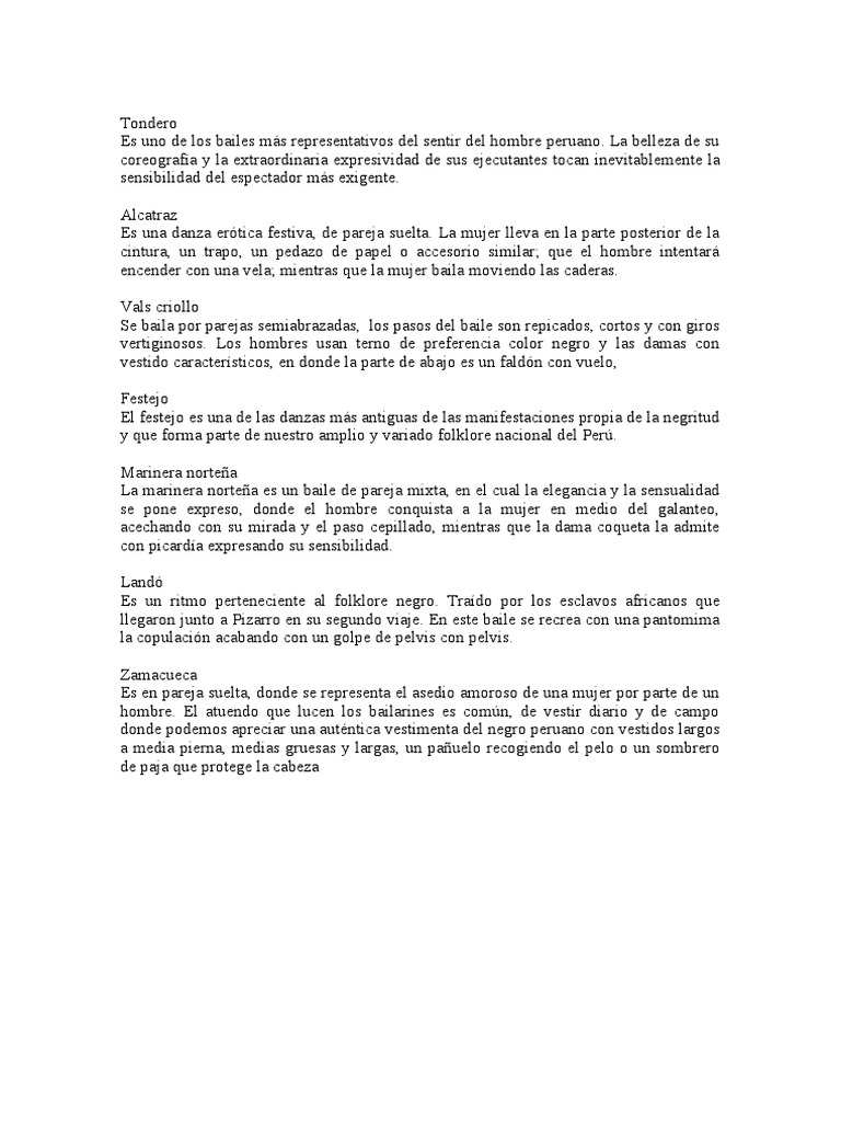 Danzas Del Peru Pdf Bailes Las Artes Escénicas