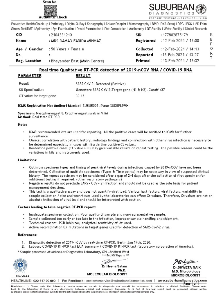 COVID-19 RT-PCR Test Results Report | PDF | Reverse Transcription ...