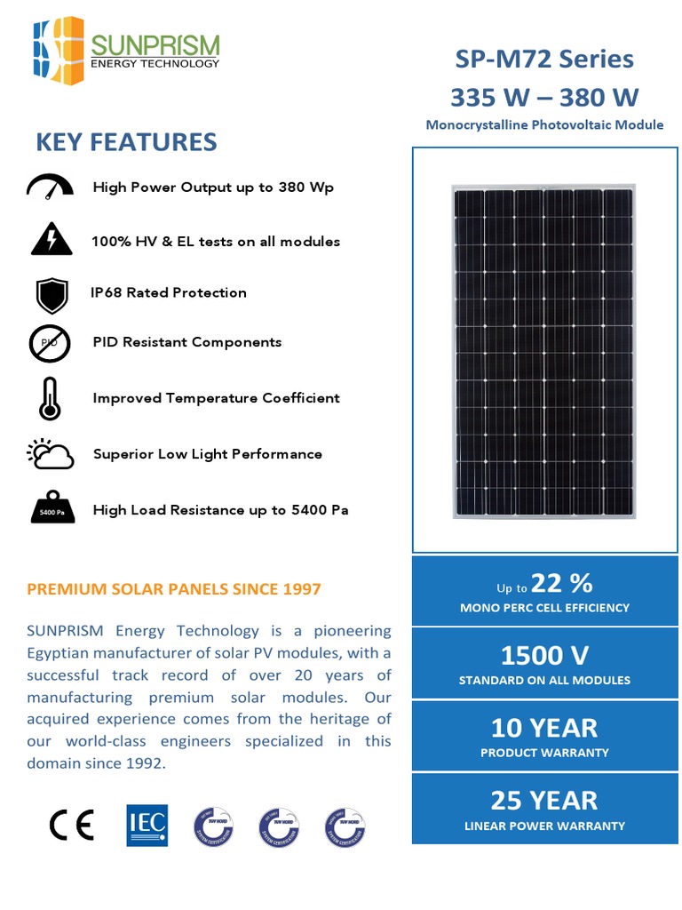 SP-M72 Series 335 W - 380 W Key Features: 22 % 1500 V 10 Year 25 Year ...