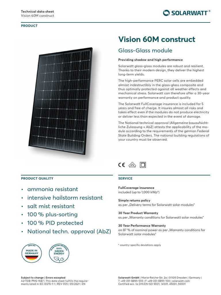 Technical Data Sheet for the Solarwatt Vision 60M Construct High ...