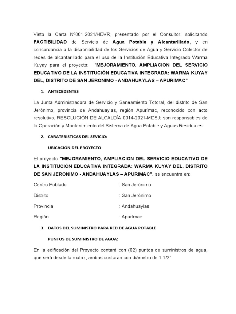 Factibilidad de Servicio | PDF | Suministro de agua | Tubería (transporte de fluidos)