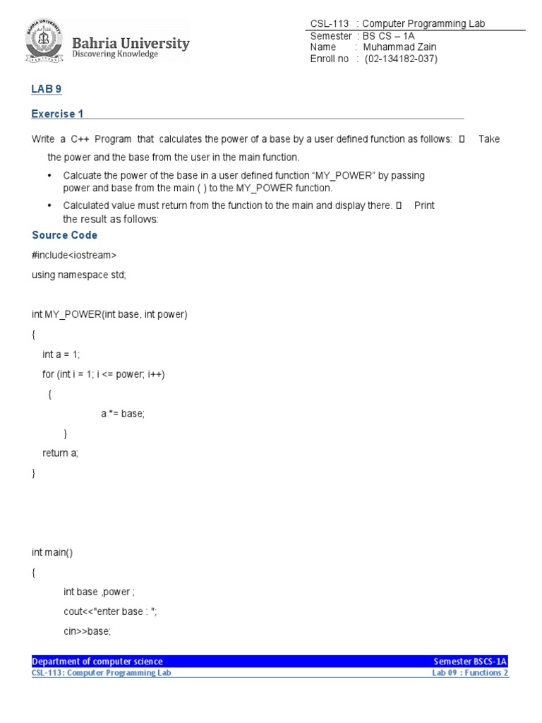 CSL-113 Lab 09 Functions | PDF | C++ | Namespace