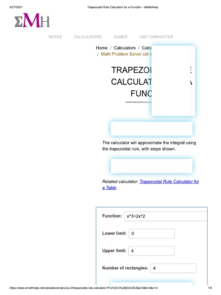 Trapezoidal Rule Calculator For A Function - eMathHelp | PDF