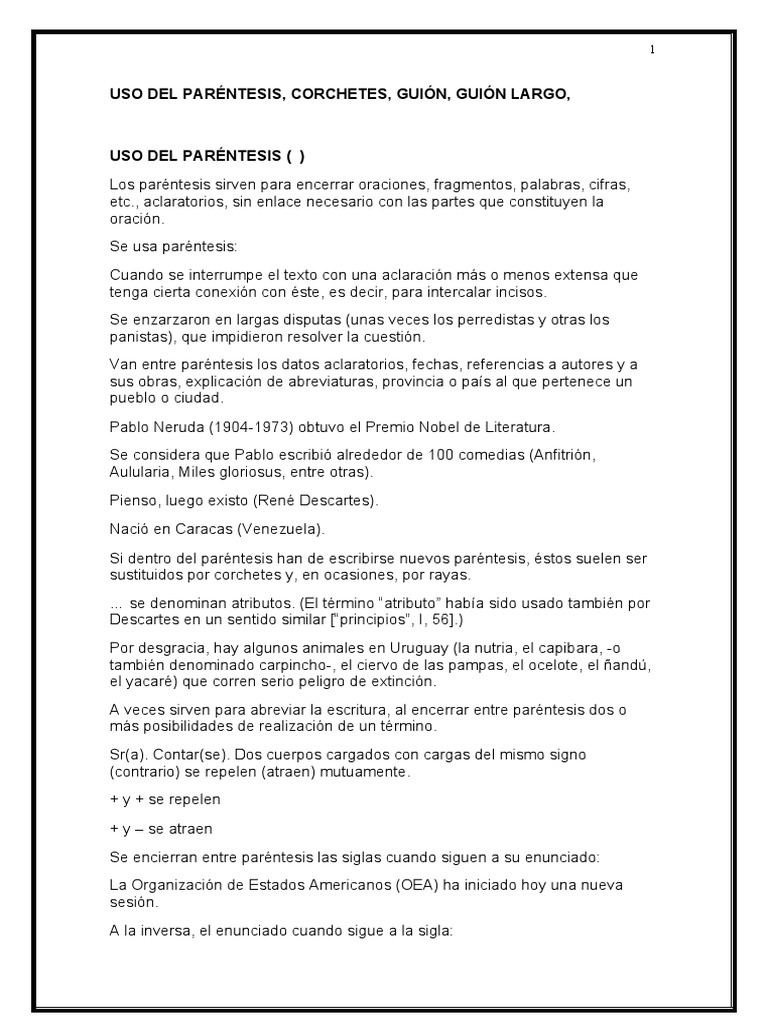 Uso de paréntesis, corchetes y guiones | PDF | Soporte | Ortografía
