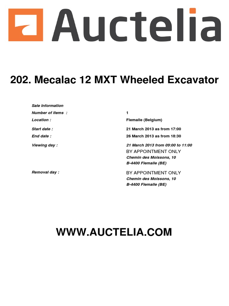202 Mecalac 12 MXT Wheeled Excavator Catalogue | PDF | Auction | Invoice