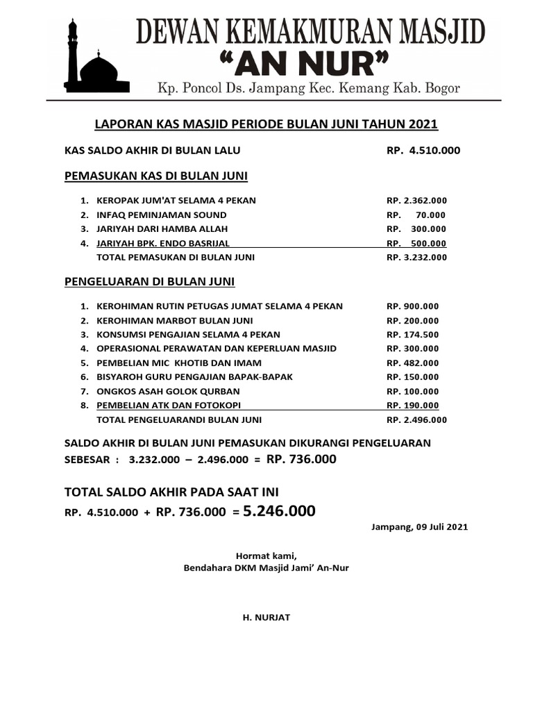 Laporan Kas Masjid Periode Bulan Juni Tahun 2021 | PDF