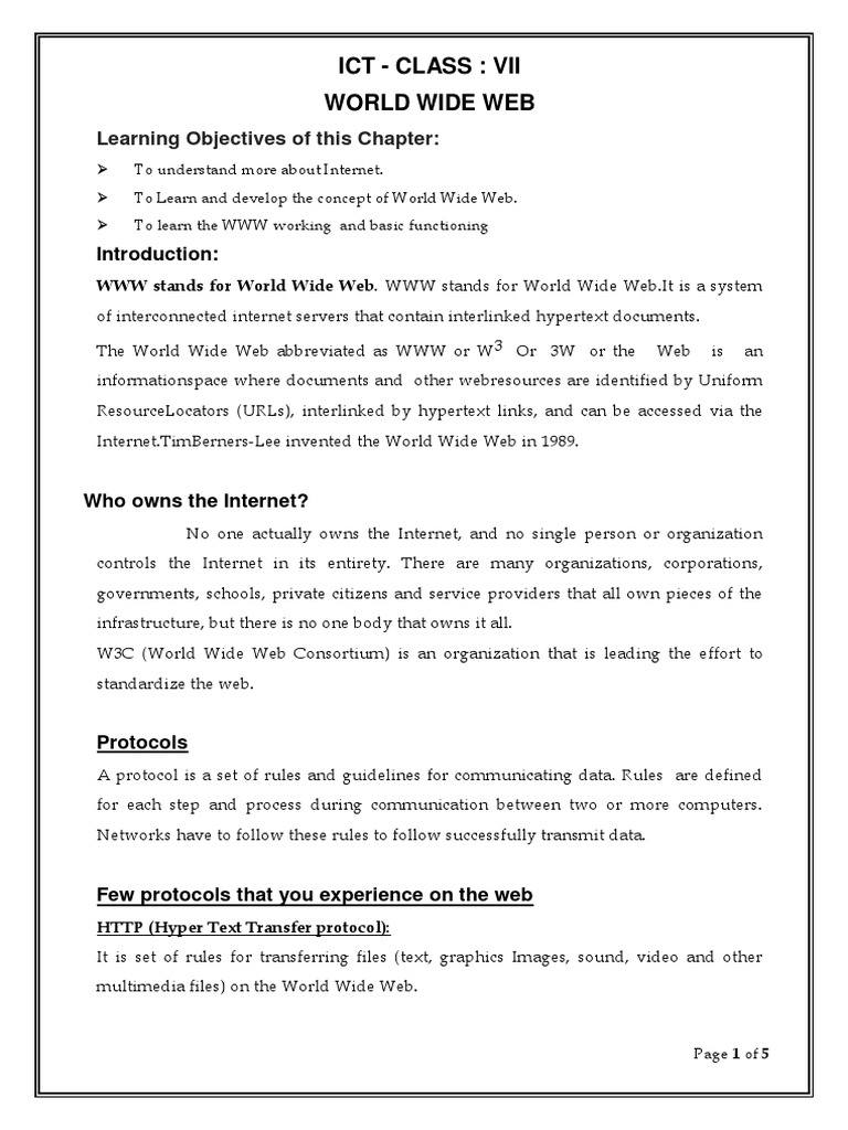 Class-Vii-Ict-Chapter-Ii-World Wide Web | PDF | World Wide Web | Internet & Web