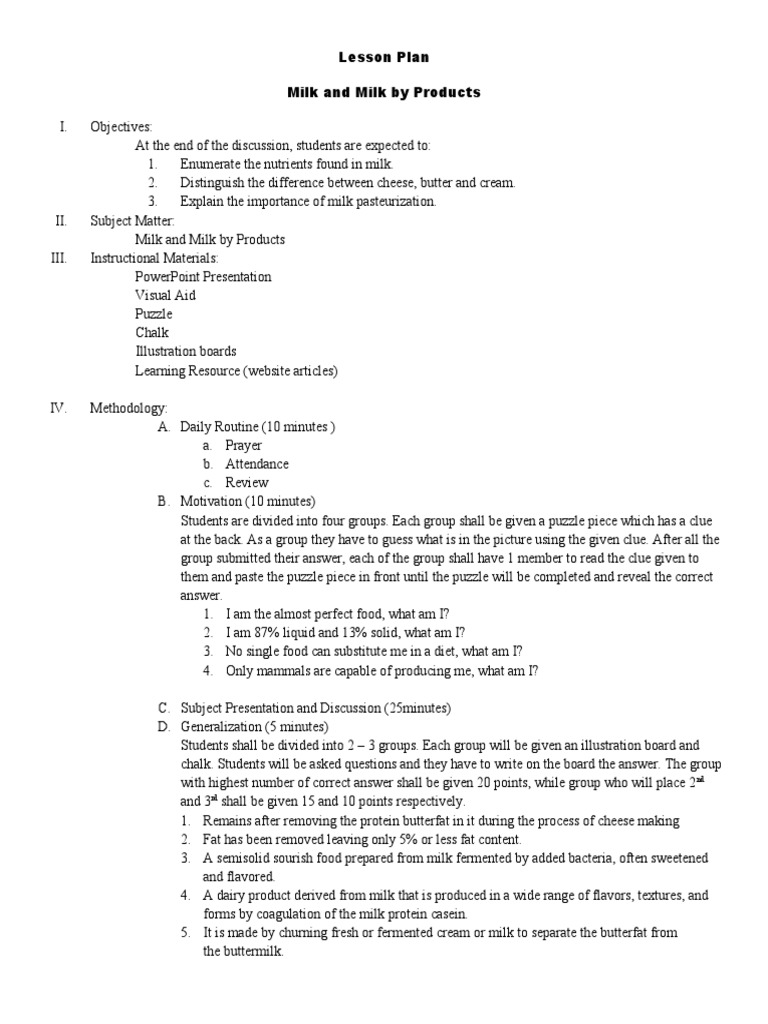 Milk and Dairy Products Lesson Plan | PDF | Butter | Milk