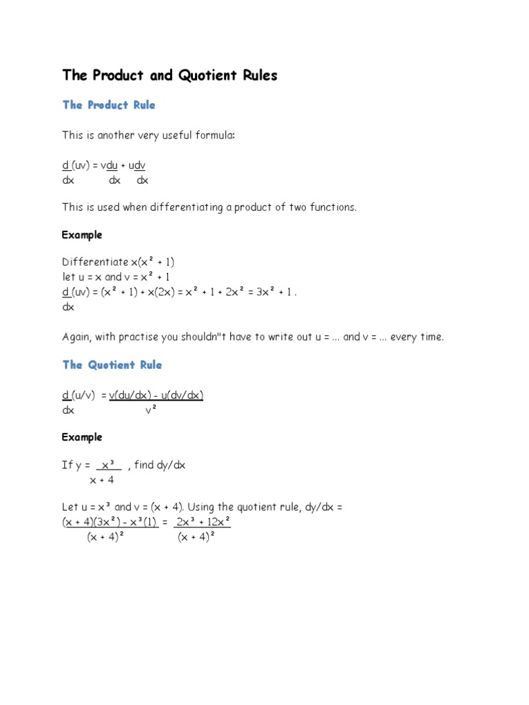 Product and Quotient Rules in Differentiation | PDF | Trigonometric ...