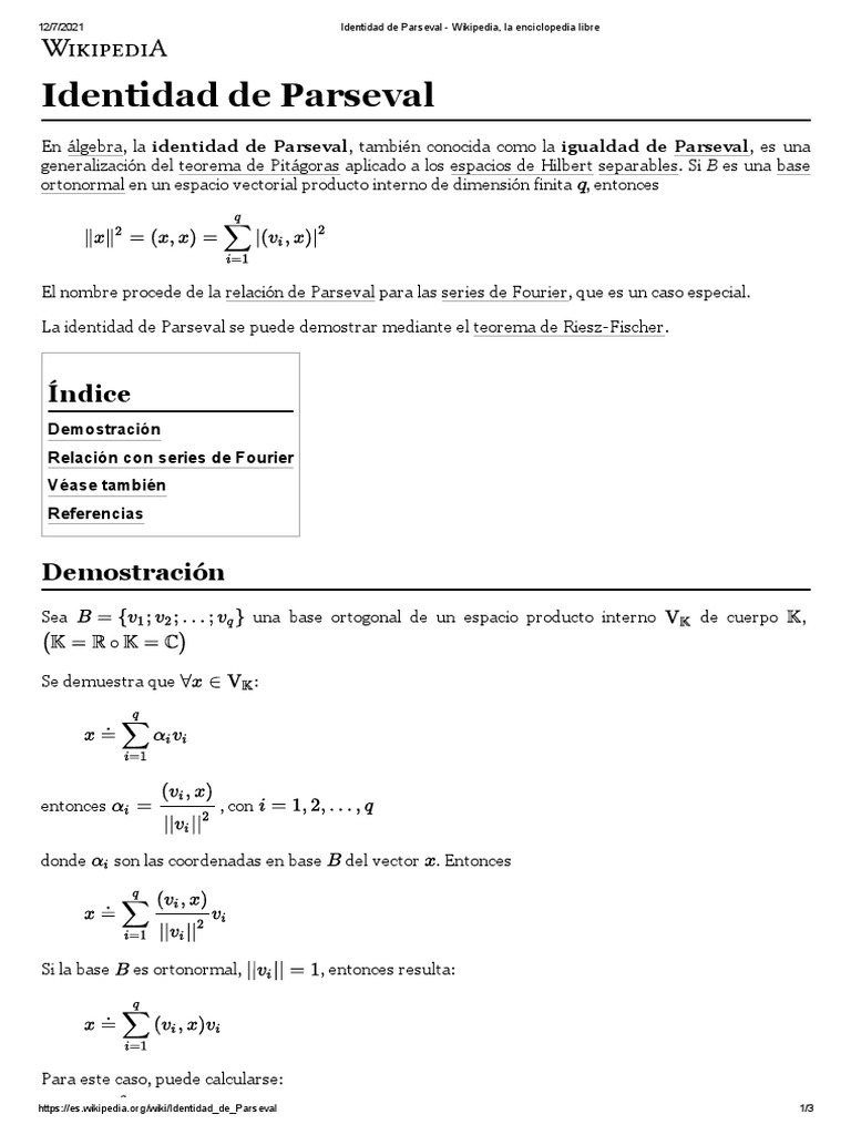 Identidad de Parseval | PDF | Base (álgebra lineal) | Series de Fourier